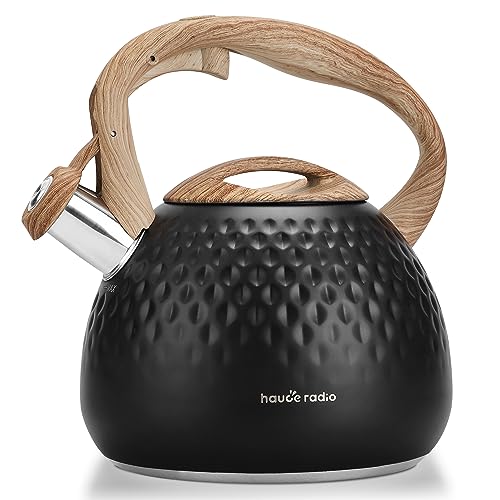 Tea Kettle, Black Stovetop Teapot, 2.7 Quart, Loud Whistle, Food Grade Stainless Steel and Smooth Wood Pattern Handle, Sophisticated Look for Hiking, Picnic, for Tea, Coffee, Milk