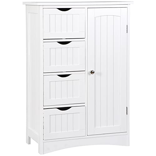 SUPER DEAL Freestanding Bathroom Floor Storage Cabinet with 4 Drawers and Adjustable Shelves, Living Room Entryway Home Furniture Storage Organizer Unit, White¡