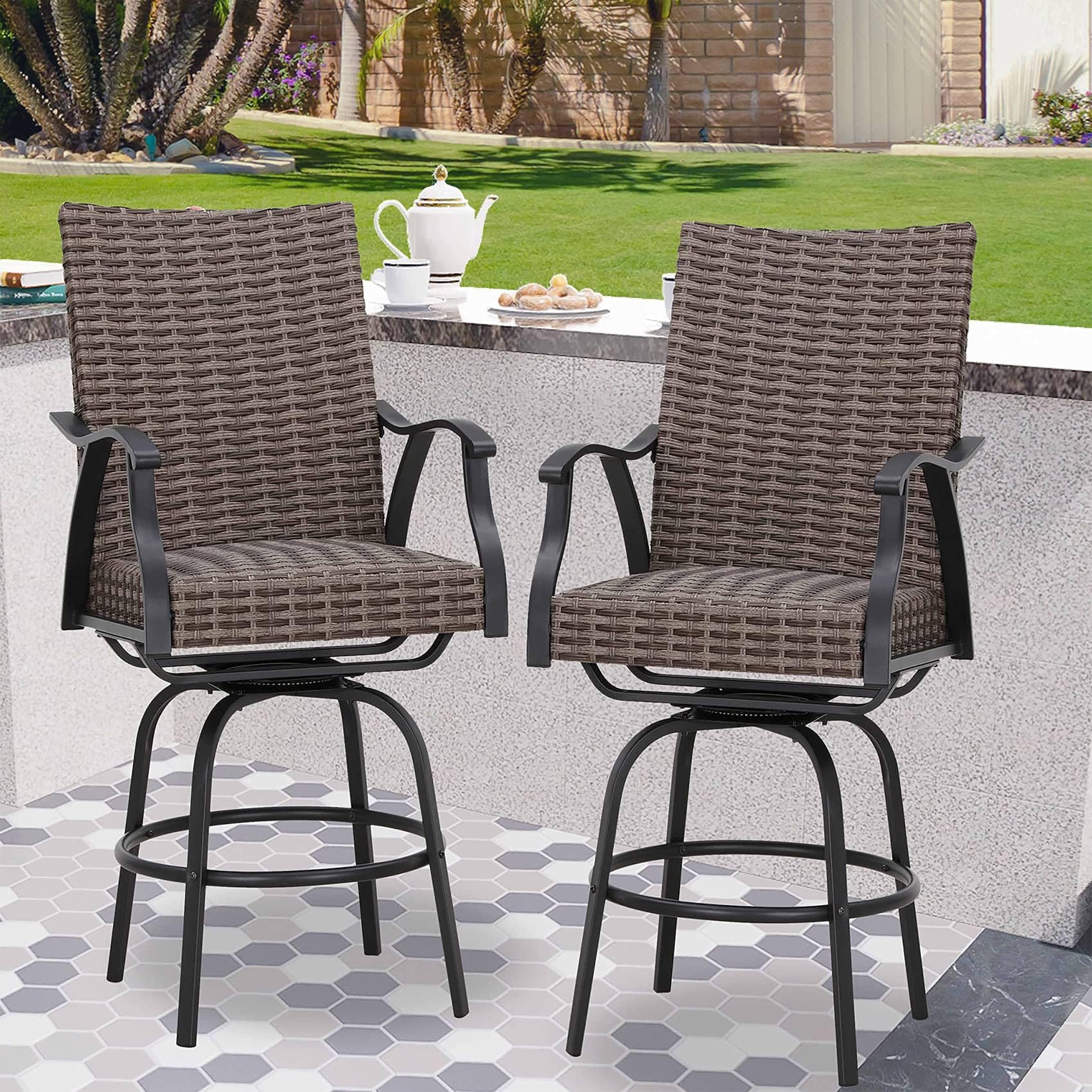 TOP HOME SPACE Patio Bar Stools High Back Outdoor Swivel Bar Height Stool Wicker Chairs Set of 2 with Built-in Cushion Metal Frame for Deck Porch Backyard