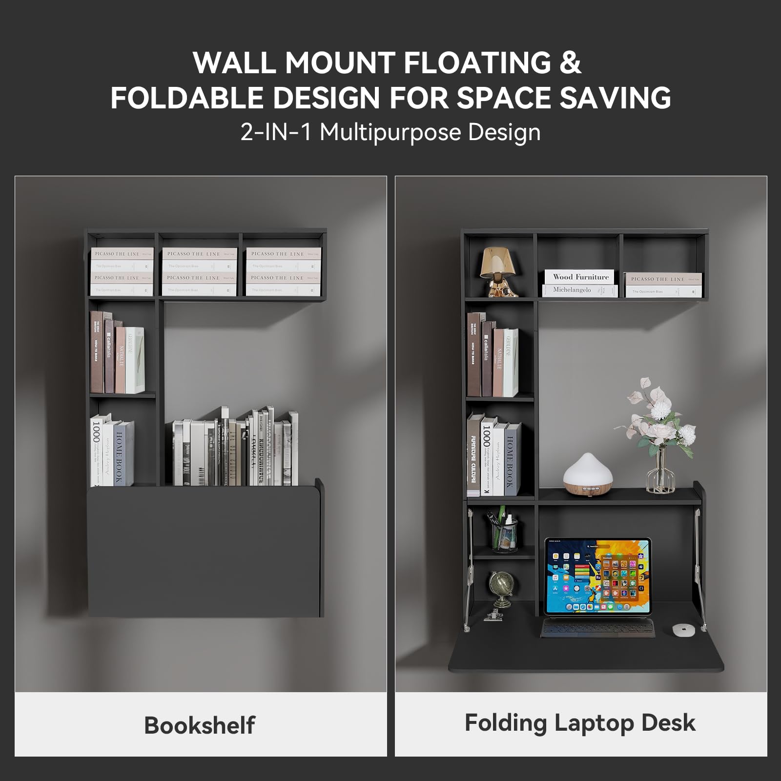 YUSING Floating Desk, Wall Mounted Table, Multifunctional Fold Down Wall Mounted Laptop Computer Workstation with Storage Shelves(Large)