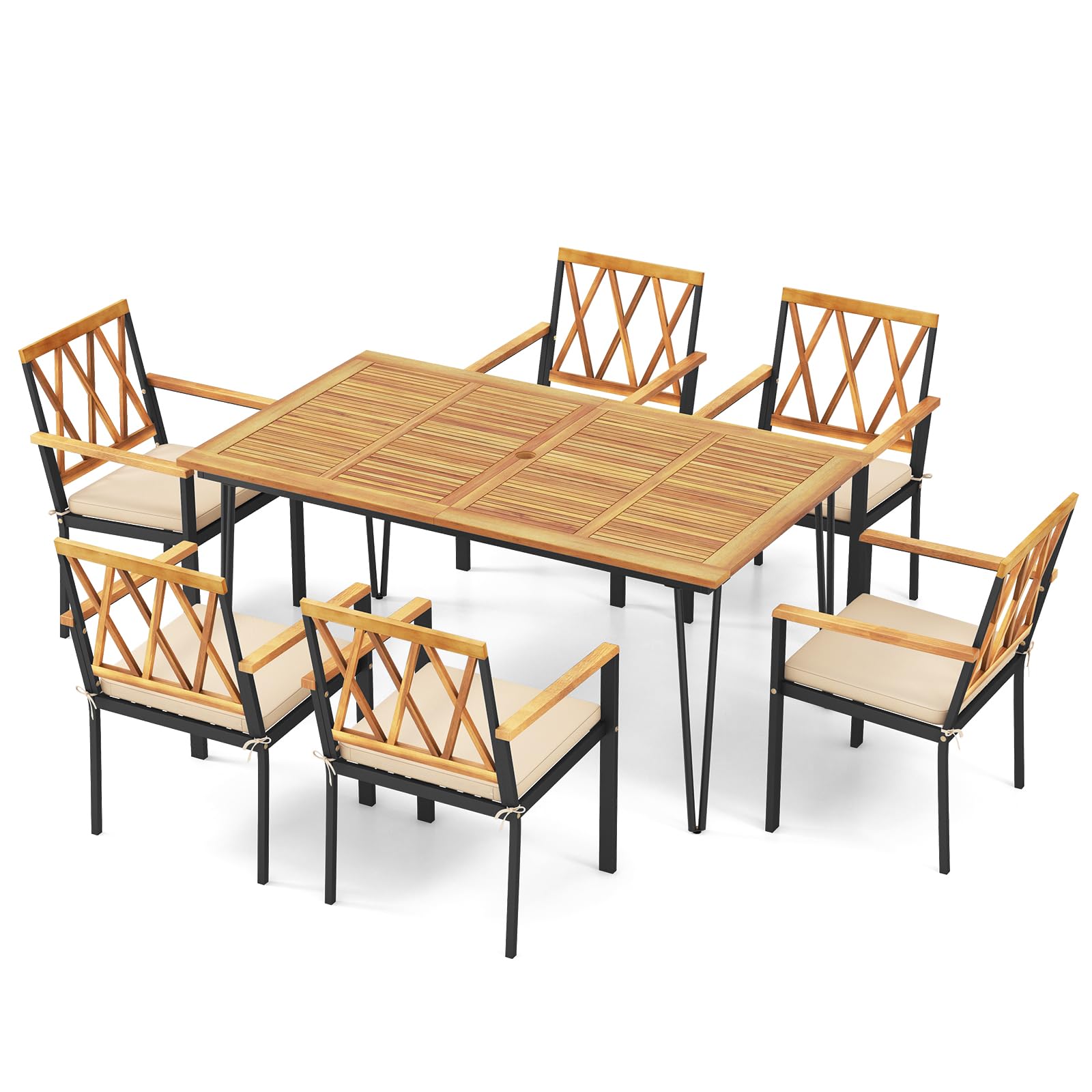 Tangkula 7-Piece Patio Dining Set, Acacia Wood Outdoor Furniture Set with 2β Umbrella Hole and Seat Cushions, Rectangular Dining Table and 6 Chairs Set for Patio Garden Poolside Backyard