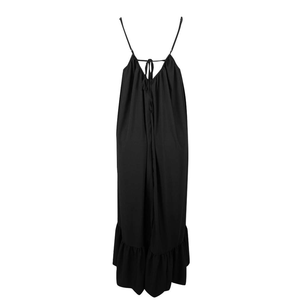 Keepfit Women Trendy Maxi Dress Spaghetti Straps Sling Dress Ruched Ruffle Backless Solid Swing Dress Black
