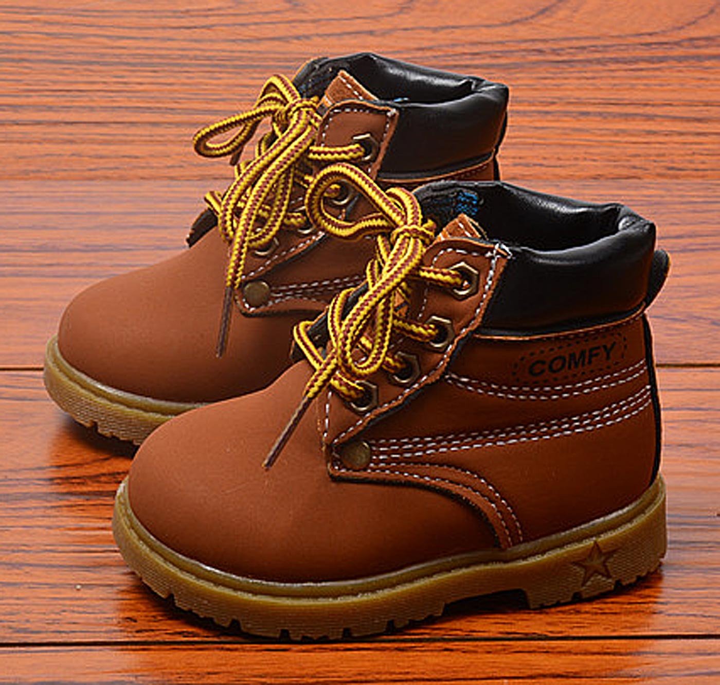 Happy Cherry Baby Suede Leather Boots Hiking Lace Up Ankle Shoes Plush Boots Fashion Thick Flat Boots Brown Size 28 Toddler