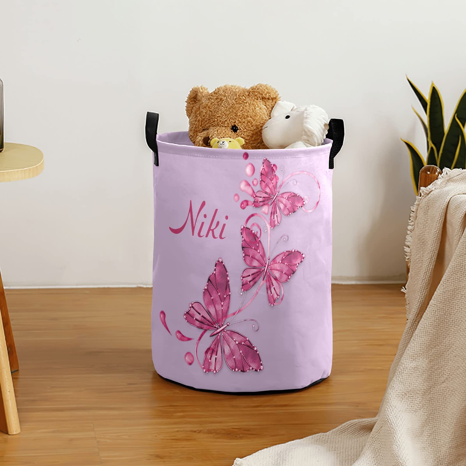Pink Butterfly Laundry Hamper Personalized with Name Canvas Waterproof Storage Bin with Handle for Kids Nursery Hamper Gift Baskets Home Organizer