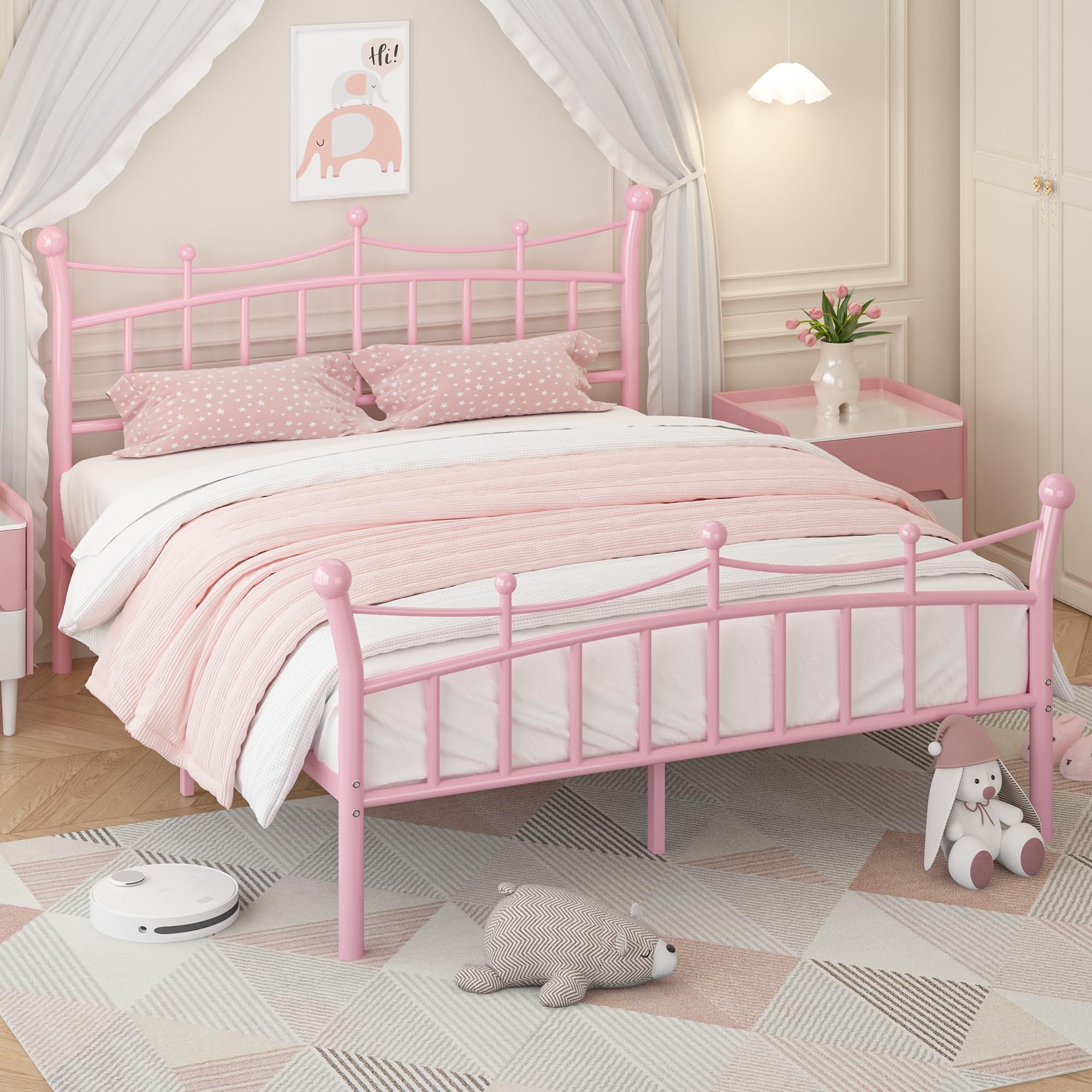 Twin Bed Frame with Crown-Shaped Headboard, Princess Bed for Kids/Girls, Heavy Duty Metal Platform Bed with Iron-Art Headboard and Footboard, No Box Spring Needed, Easy Assembly, White