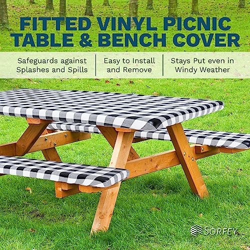 Picnic Table cover With Bench Covers -Fitted With Elastic, Vinyl With Flannel Back, Fits For Table 28"x 72" Rectangle,Water Proof, Checked Black Design, by SORFEY