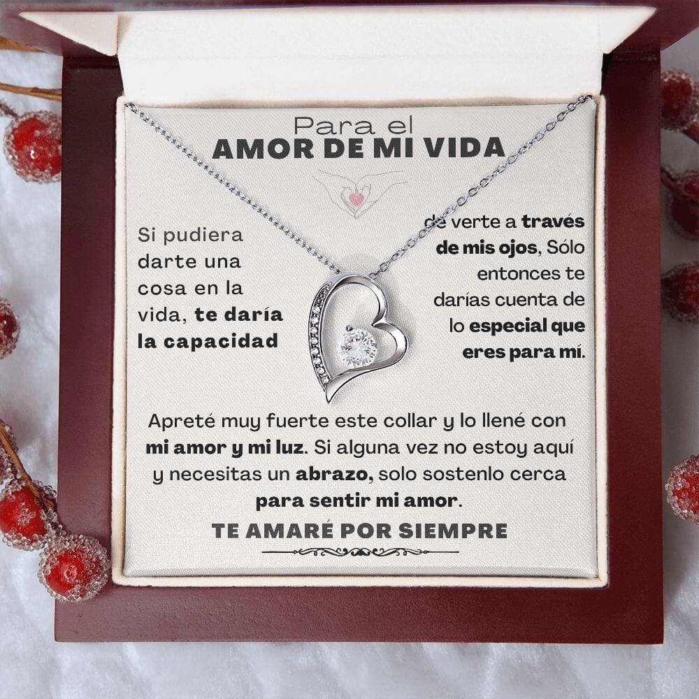 para el Amor de mi vida - Collar Por Siempre Amor - Forever Love B&W Acabado en Oro Amarillo de 18 quilates. / Cajita de Lujo Madera con Luz Led