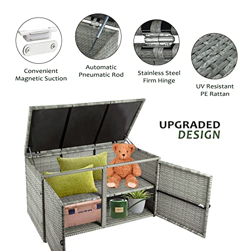 Outdoor 110 Gallon Rattan Deck Box, Wicker Patio Storage Cabinet Waterproof Storage Double Openable Door Cabinet Rattan Storage Deck Box with Lid and Separate Storage Shelf for Garden, Patio, Porch, Yard, can Store Cushions, Tools, Toys,Gray