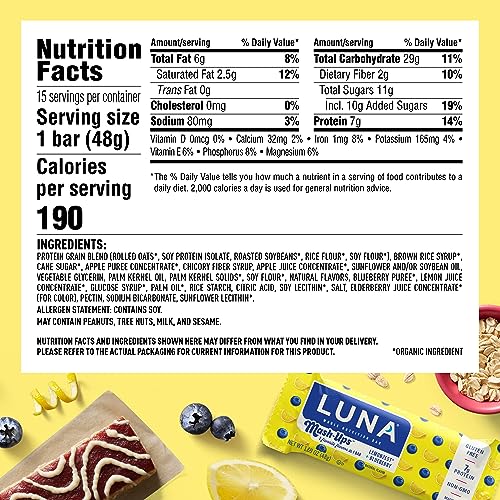 LUNA Mash-Ups - LemonZest + Blueberry Flavor - Gluten-Free - Non-GMO - 7-9g Protein - Made with Organic Oats - Low Glycemic - Whole Nutrition Snack Bars - 1.69 oz. (15 Count)