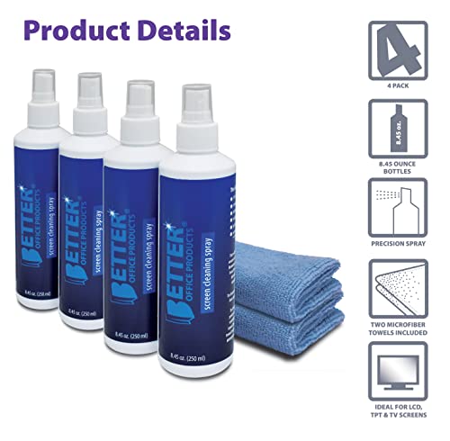 Screen Cleaner Spray Kit, 4 Pack - 4 Spray Bottles (Each 8.45 oz/Total 33.8 oz) with 2 Extra-Large Microfiber Cleaning Towels, by Better Office Products, for Computers, Laptops, LDC/LED/TV Screens