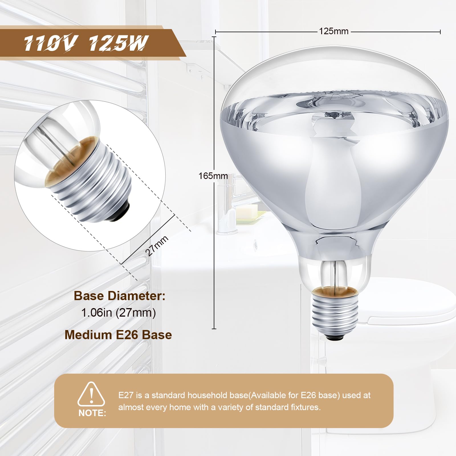 Tujoe 6 Pcs 110V Clear Infrared Heat Bulbs Heat Lamp Bulbs Medium E26 Base, Infrared Heat Flood Light Bulbs for Bathroom Food Puppies Chickens Brooder Pets