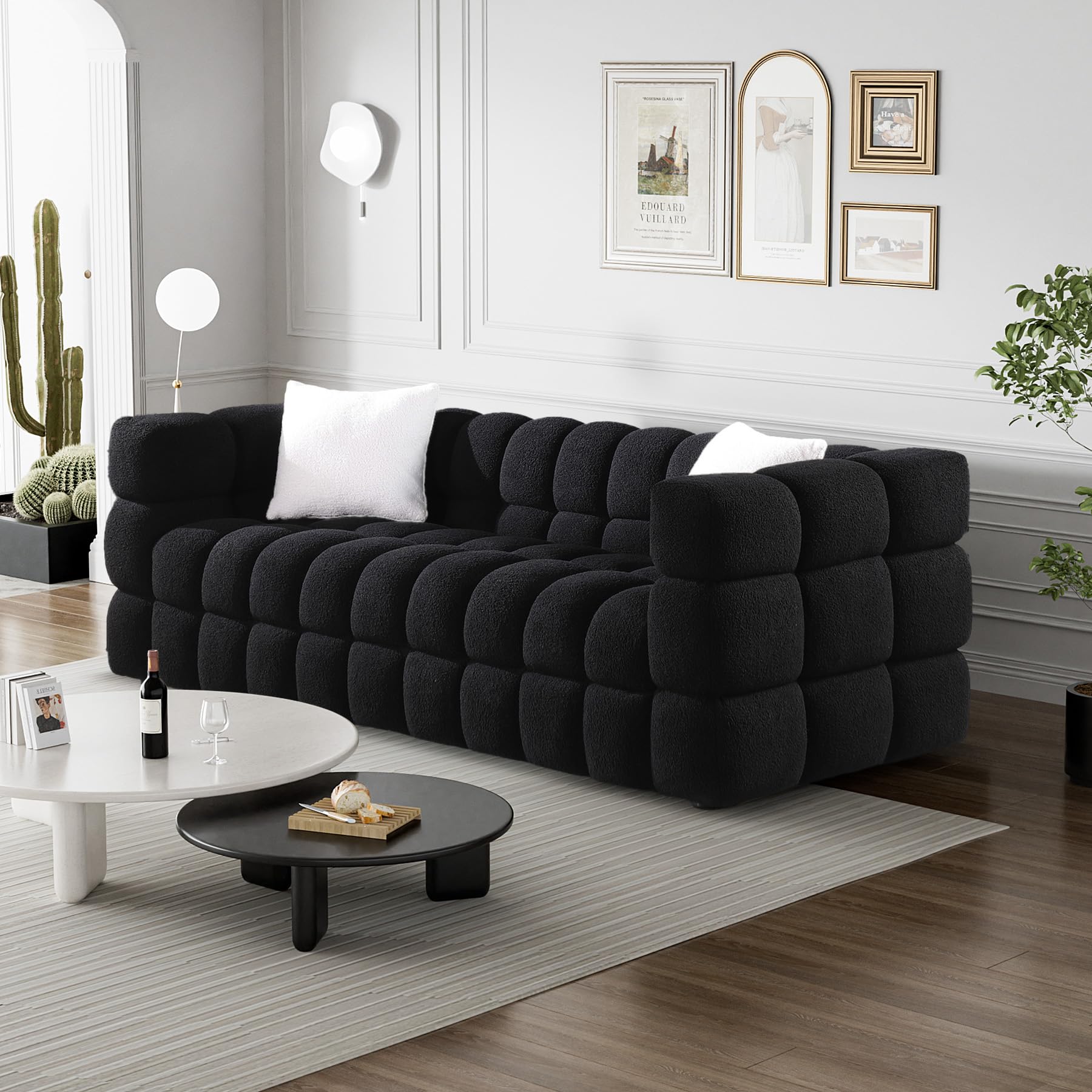 OUYESSIR 84" Modern Teddy Cloud Sofa for Living Room, Comfy Boucle Tufted 3-Seater Standard Sofa, Upholstery Decor Futon Couch with 2 Pillows for Apartment Bedroom, Black