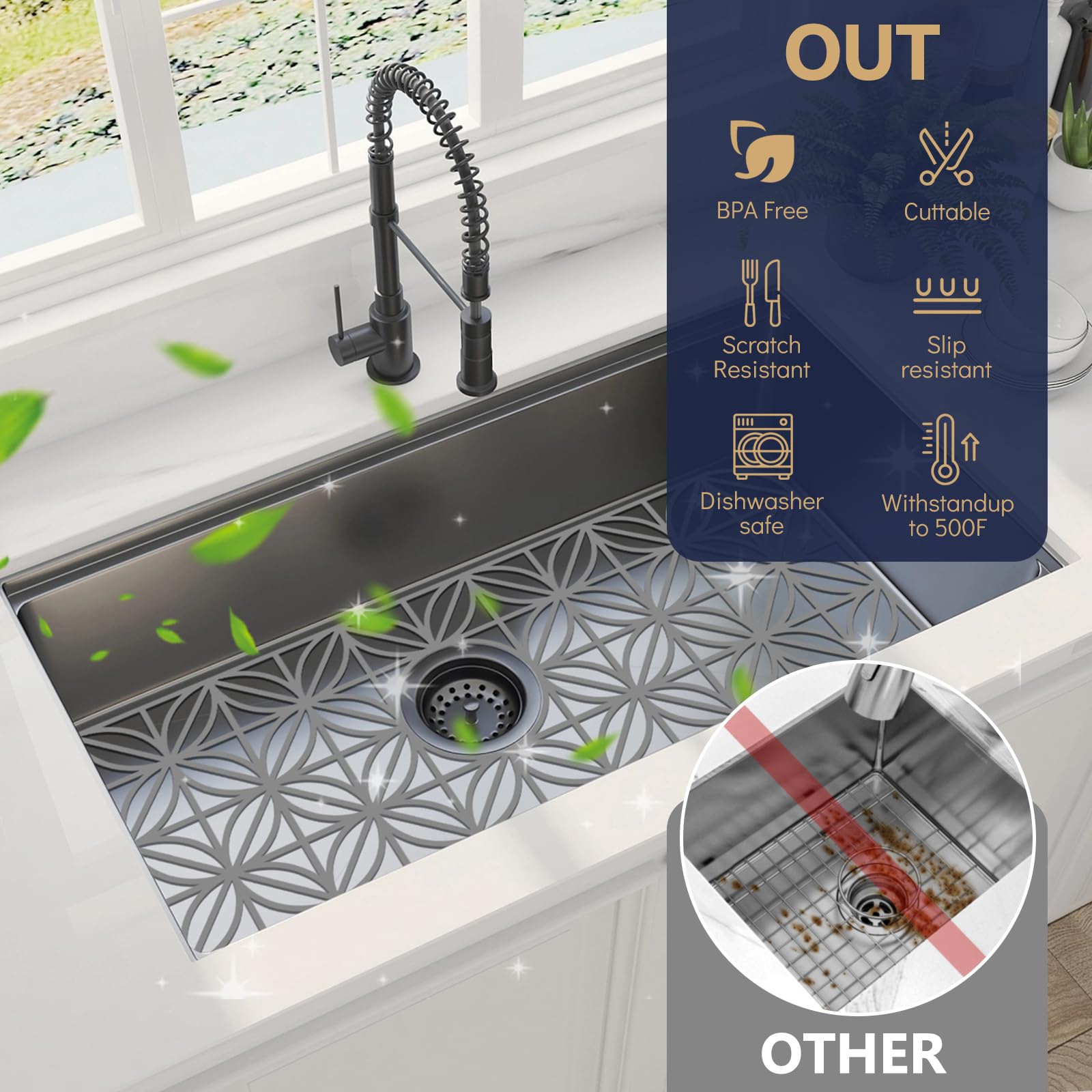 Sink Protectors for Kitchen Sink, 28.3"x 14.3" Large Non-slip Silicone Sink Mat, Heat Resistant Sink Matt Grid Cuttable Drain Openings, Sink Protectors for Stainless Steel Bottom of Kitchen Sink