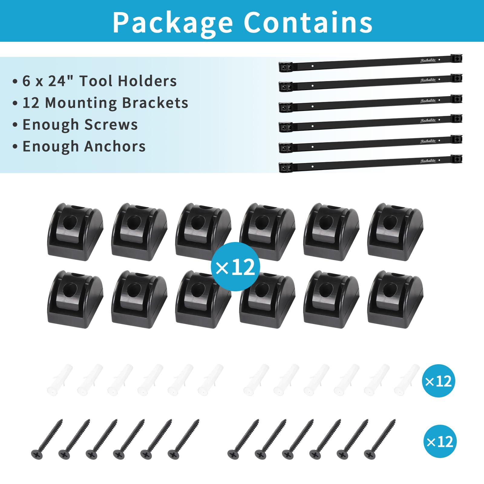 Rechabite 6 Pieces 24" Magnetic Tool Holder Strip, Black Magnet Bar, Metal Tool Organizer Rack for Garage Organization, Easy To Install in Workshop, Mounting Screws Included