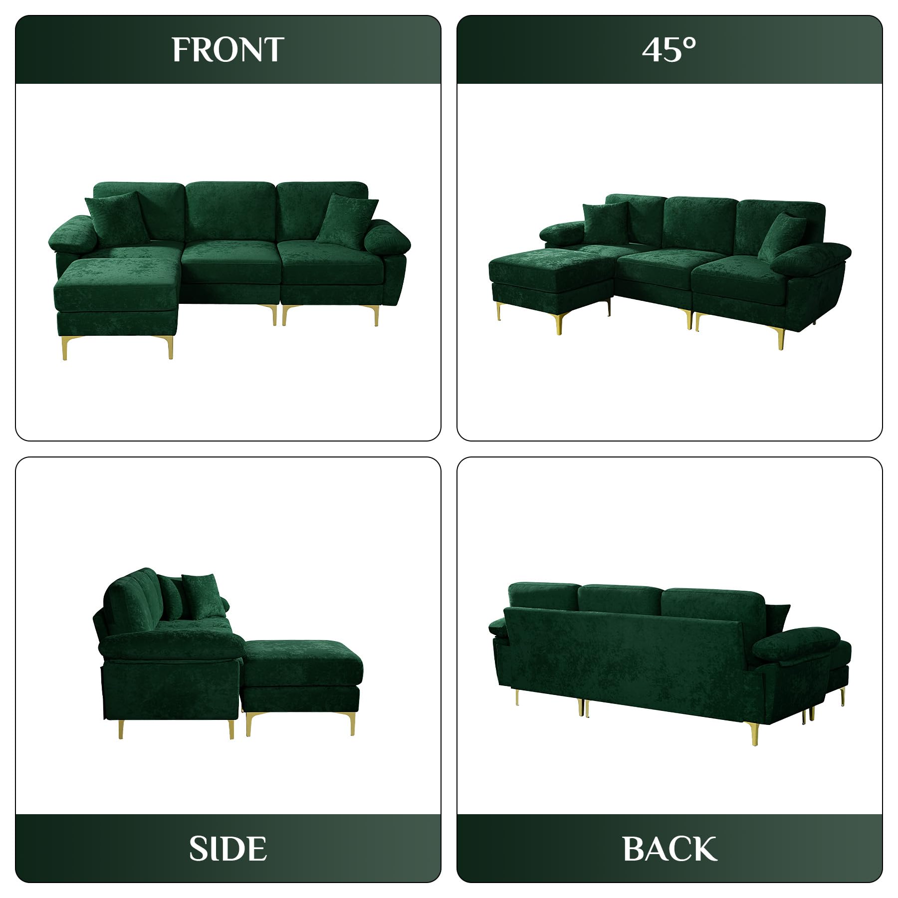 OUYESSIR L Shaped Sectional Sofa Couch, 3 Seat Velvet Sofa with Ottoman and Pillows, Upholstered Comfy Couch Sleeper for Living Room, Bedroom, 88 inches (Green)