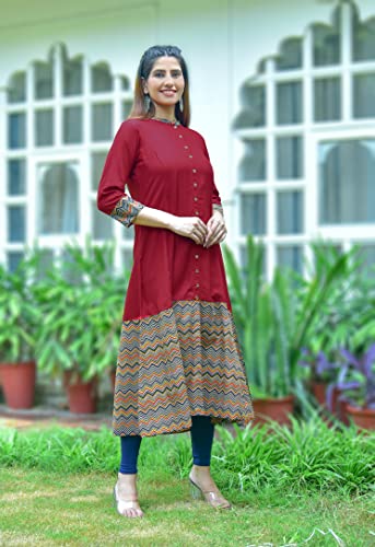 Yash Gallery Women's Rayon & Cotton Cambric Zig-Zag Print A-Line Kurta (S, Maroon)