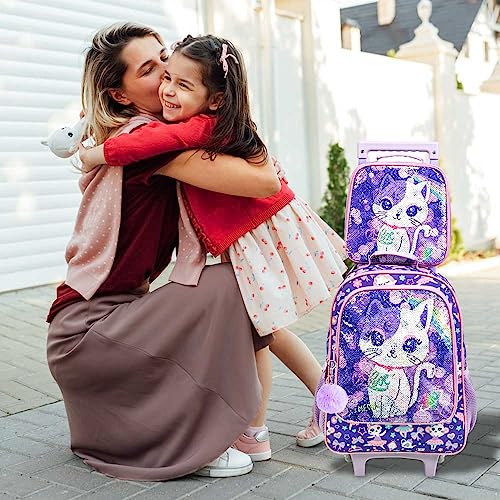UFNDC 4PCS Rolling Backpack for Girls, Kids Cat Sequin Wheeled Bookbag ,Travel Roller School Bag with Wheels