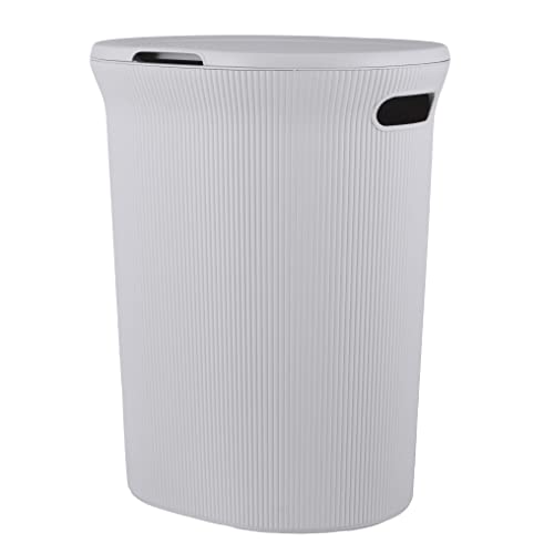 Superio Ribbed Collection - Decorative Plastic Laundry Hamper with Lid and Cut-Out Handles, White Smoke (1 Pack) Basket Organzier for Bedroom Bathroom College Dorm Room 40 Liter