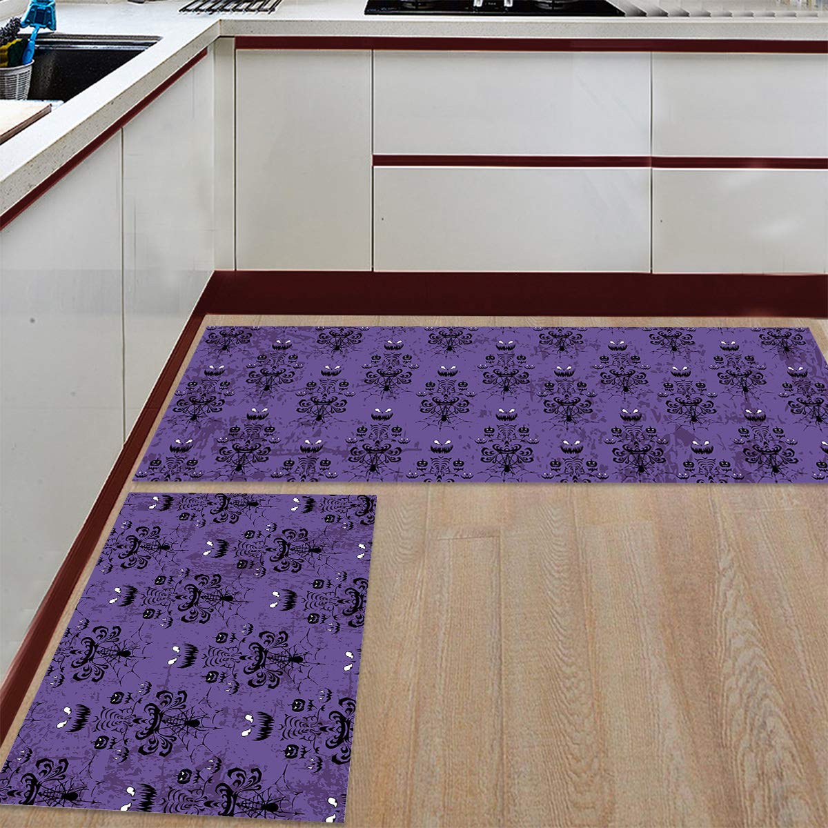 Kitchen Rugs and Mats Sets of 2 Halloween Non-Slip Rubber Backing Area Rugs Washable Runner Carpets for Floor, Kitchen Ghost Face Purple Pattern Pumpkin Spider 15.7x23.6+15.7x47.2inch