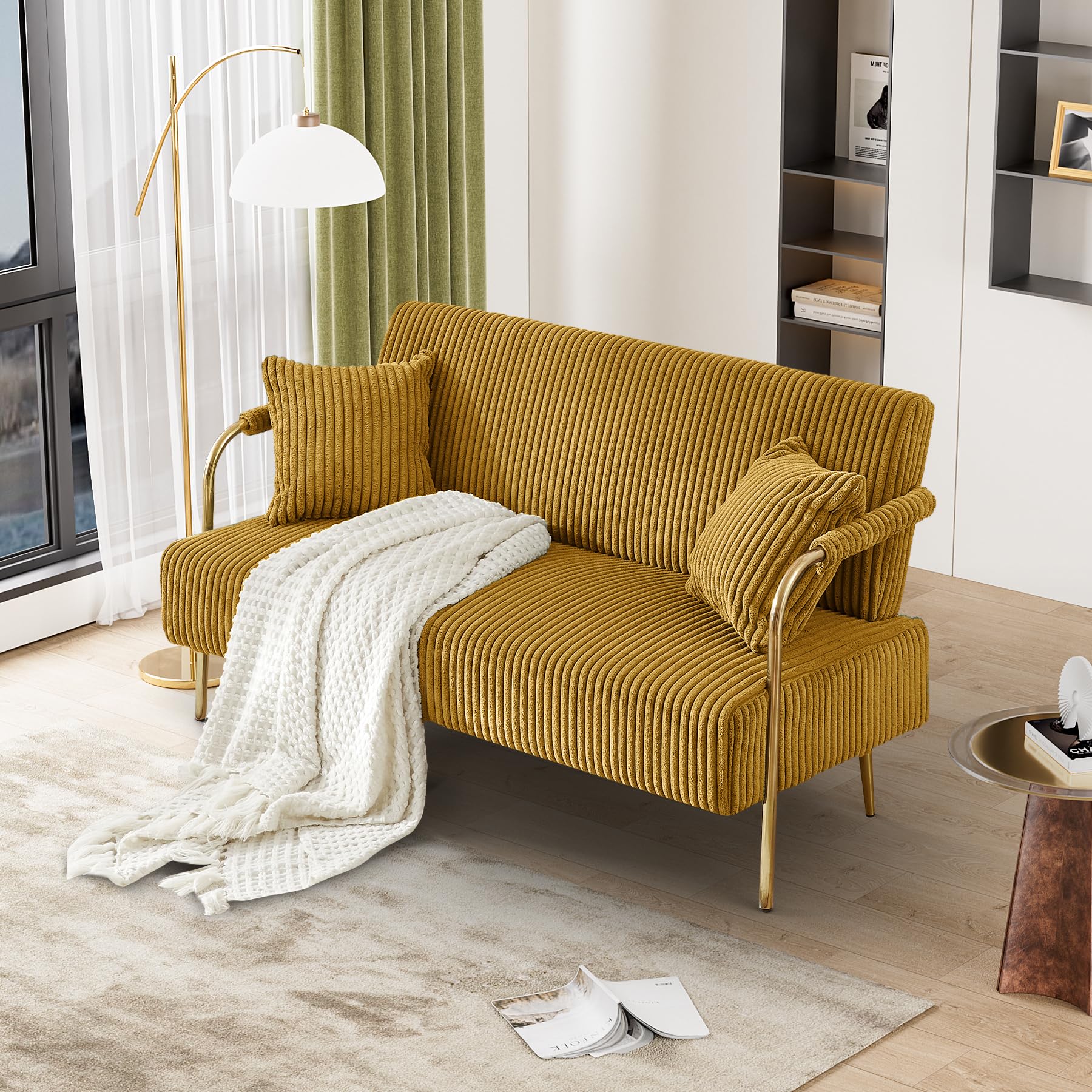 OUYESSIR Loveseat Small Sofa Couch, 59" Love Seat Settee 2 Seater Upholstered Sofa with 2 Pillows for Small Space Living Room Office Apartment (Ginger, Corduroy)