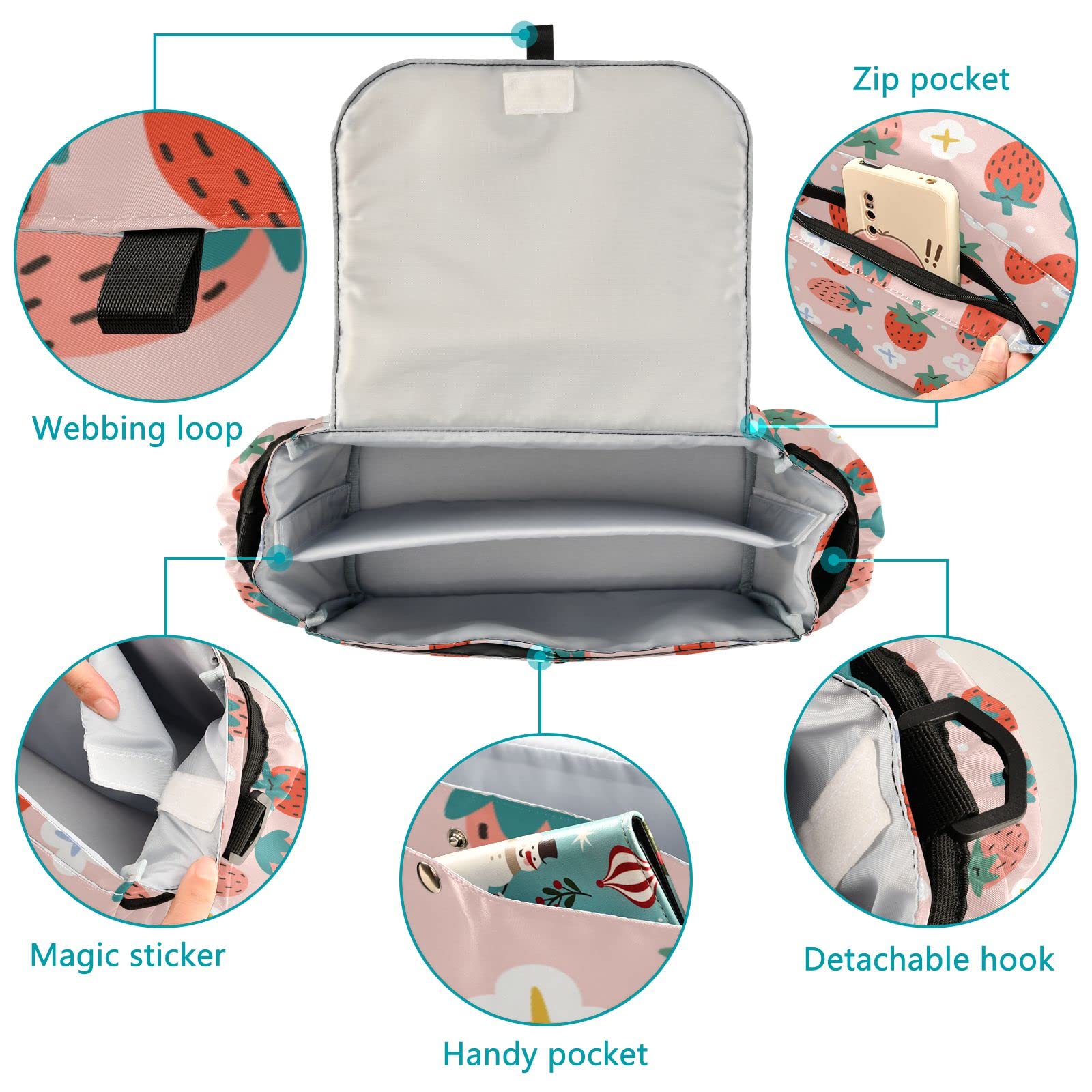 Pink Strawberries Flowers Stroller Organizer with Cup Holder Universal Stroller Organizer Bag Detachable Shoulder Strap Stroller Accessories for Diaper Snacks Toys Keys Fit All Baby Stroller
