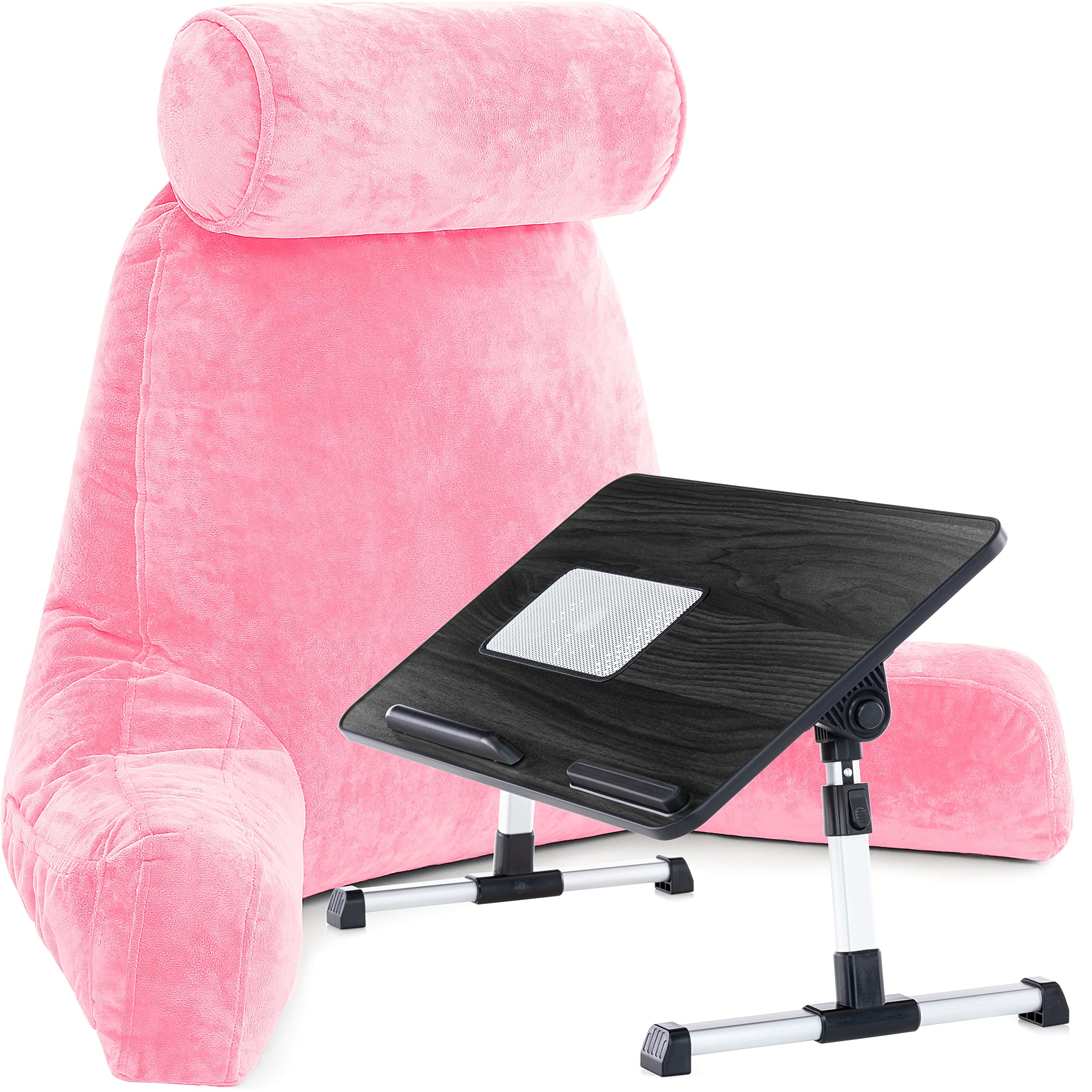 Husband Pillow Combo - Backrest Pillow with Arms : XXL Pink & Lap Desk Bed Tray : Grey - Memory Foam Reading Pillows for Bed w/Removable Neck Roll & Laptop Bed Tray Table