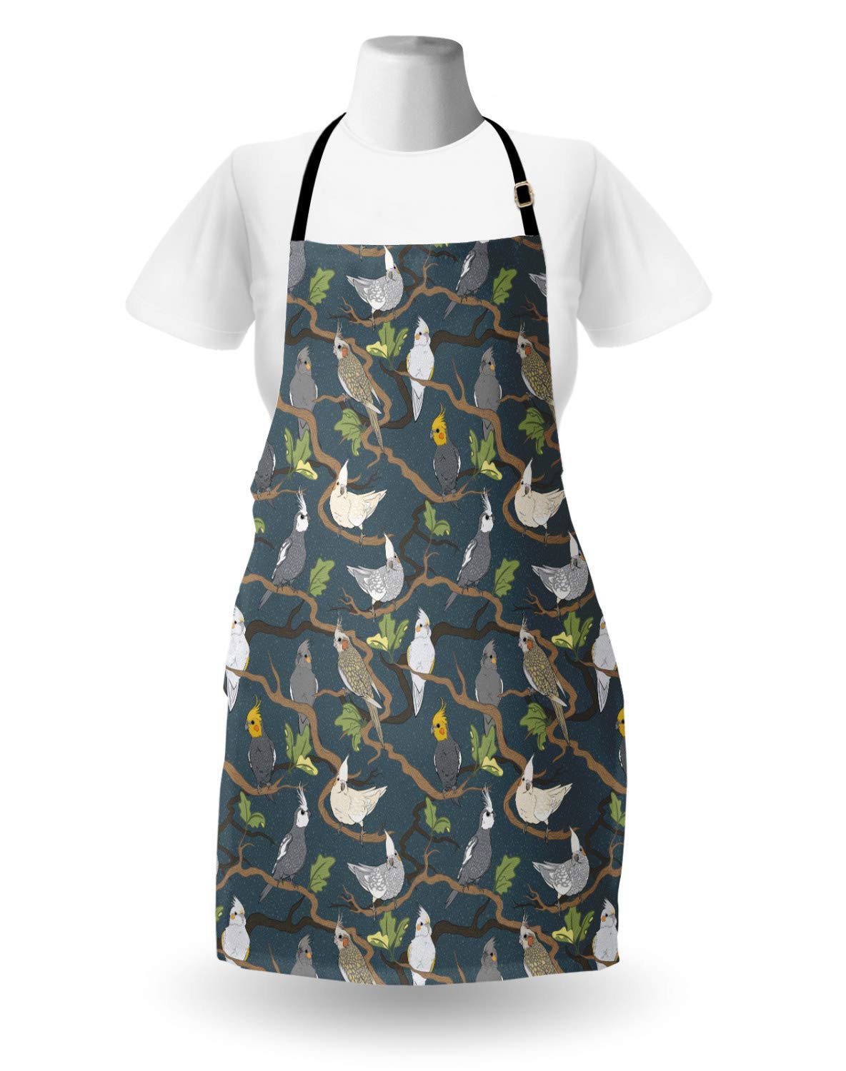 Lunarable Birds Apron, Cockatiels and Exotic Parrots on Branches in Jungles Tropical Leaves, Unisex Kitchen Bib with Adjustable Neck for Cooking Gardening, Adult Size, Blue Multicolor
