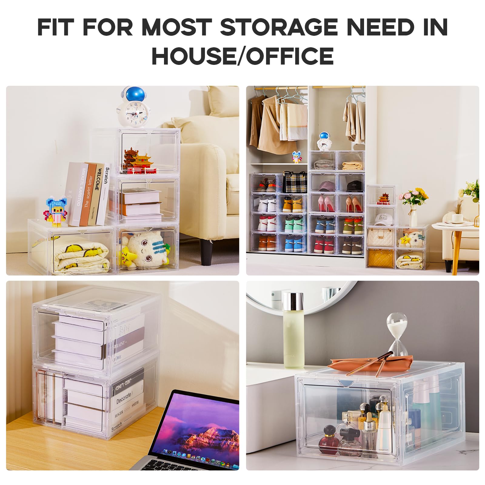 ParKoo Large Clear Shoe Organizer, Thicken Plastic Shoe Storage with Magnetic Door, 10 Pack Shoe Boxes Stackable, Shoe Organizer for Closet, Shoe Rack Sneaker Container Bin, Fit up to US Size 12