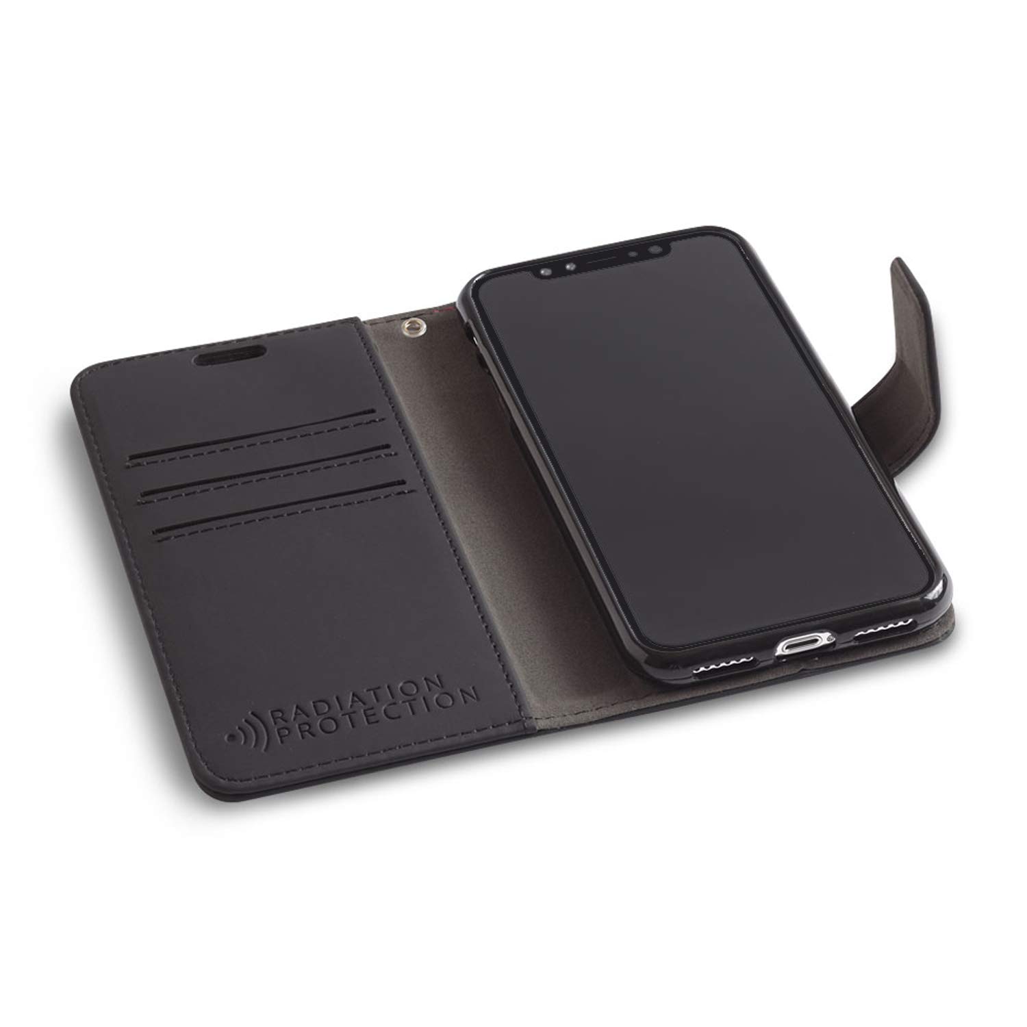 SafeSleeve EMF Protection Anti Radiation iPhone Case: iPhone 13, iPhone 13 Pro RFID Card Holder Blocking Wallet, Adjustable Stand Cell Phone Case, Vegan Leather for Women & Men (Black)
