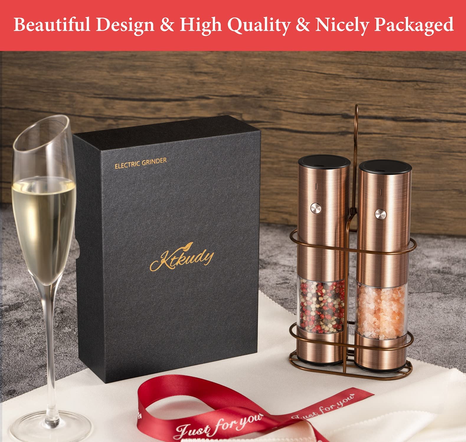 Rechargeable Electric Salt and Pepper Grinder Set with Stand - Nicely Packaged Giftable - No Battery Needed - Automatic Pepper Mill & Adjustable Coarseness & LED Light Refillable - Copper Color