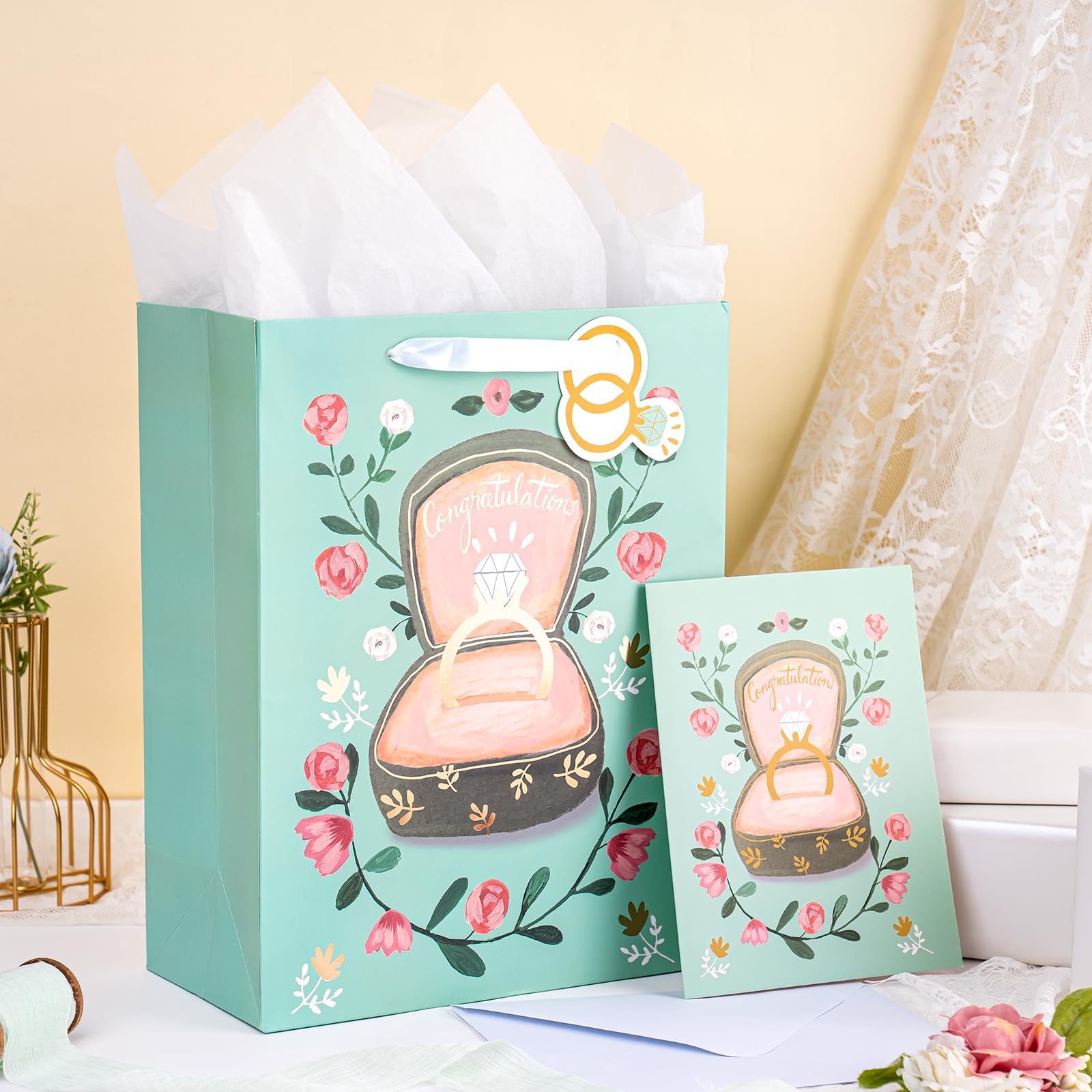 WRAPAHOLIC 13" Large Gift Bags with Card and Tissue Paper - Diamond Ring Design for Weddings, Engagements, Bridal Showers, Gift Wrap