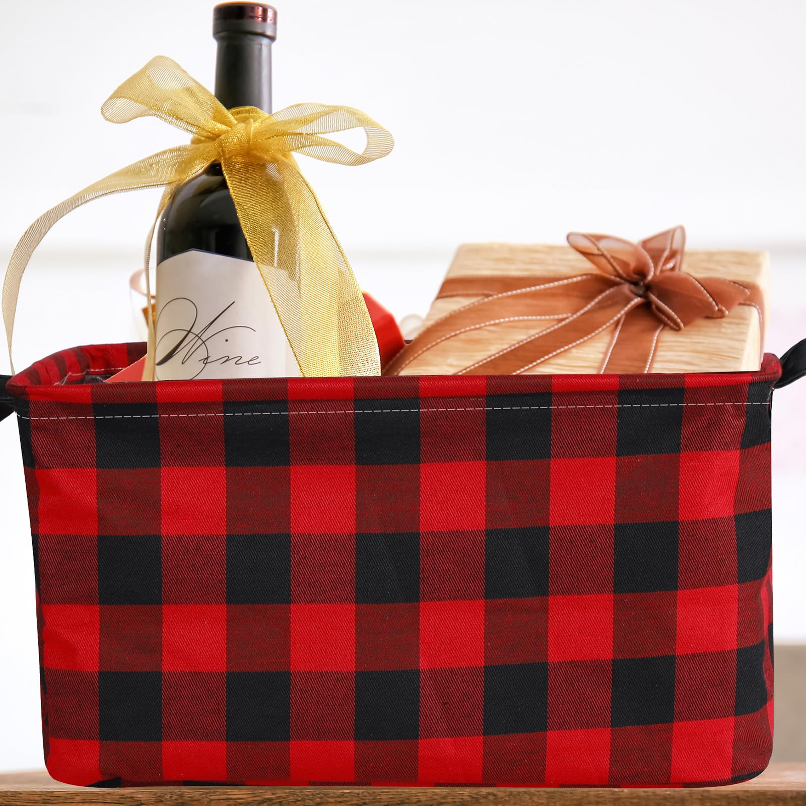 Ziliny 10 Pcs Buffalo Plaid Basket Collapsible Basket with Handles Large Storage Basket Checkered Empty Gift Baskets Home Organizer Containers Storage Bins, 14 x 10 x 8 Inch(Red and Black)