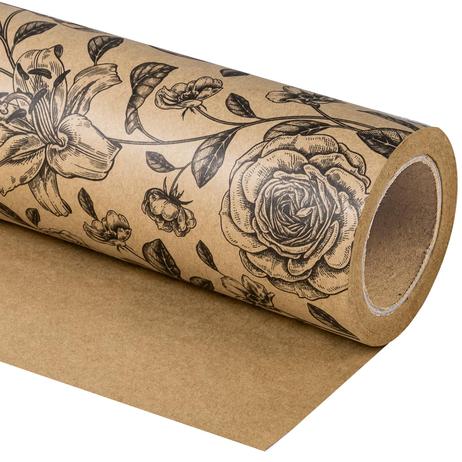 WRAPAHOLIC Kraft Floral Wrapping Paper Roll - Mini Roll - 17 Inch x 33 Feet - Vintage Black Floral Design for Birthday, Bridal Shower, Wedding, Baby Shower