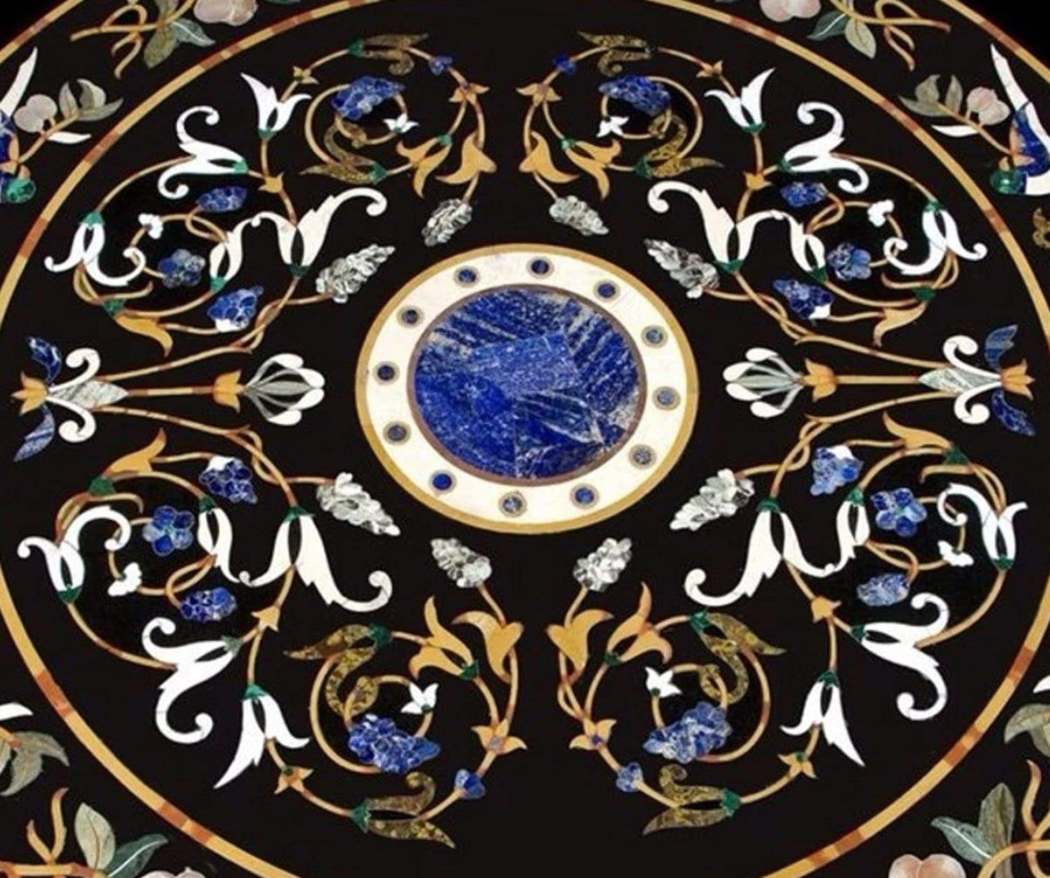 Natural Black Marble Round 24" x 24" Inch Coffee Table Top, Pietra Dura Semi Precious Stones Inlay Centre Table Top, Patio Table Top, Side Table Top, Piece Of Conversation, Family Heir Loom