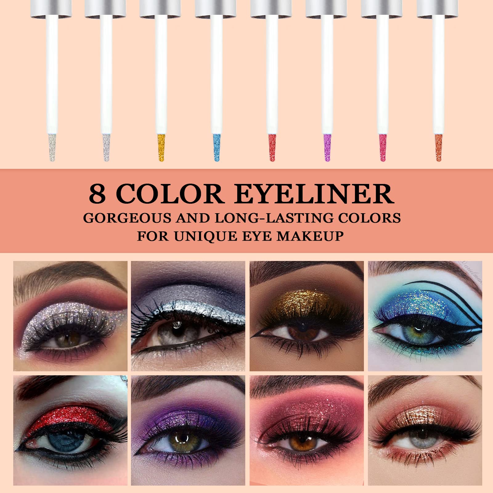 Rechoo 8 Colors Glitter Liquid Eye liner Set for Eye Makeup, Waterproof Superstay Long Lasting Shiny Eye Liners Pencil (8 Glitter Colors)