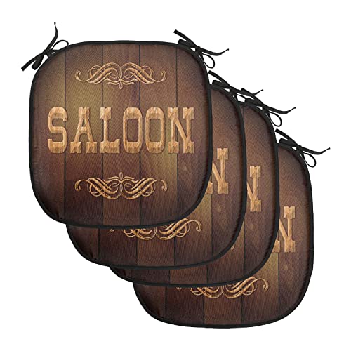 Lunarable Western Chair Cushion Pads Set of 4, Wooden Sign Saloon and Curly Ornaments on a Wood Wall Classic American Bar Print, Anti-Slip Seat Padding for Kitchen & Patio, 16"x16", Brown Caramel