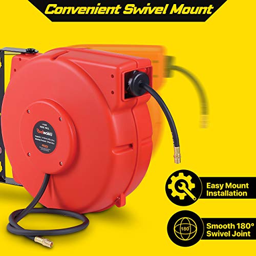ReelWorksAir Hose Reel Retractable 1/4" Inch x 65β Foot Hybrid Polymer Hose, Max 300 Psi Compressor Water Plastic Spring Driven Swivel Bracket Polypropylene Case Construction Industrial