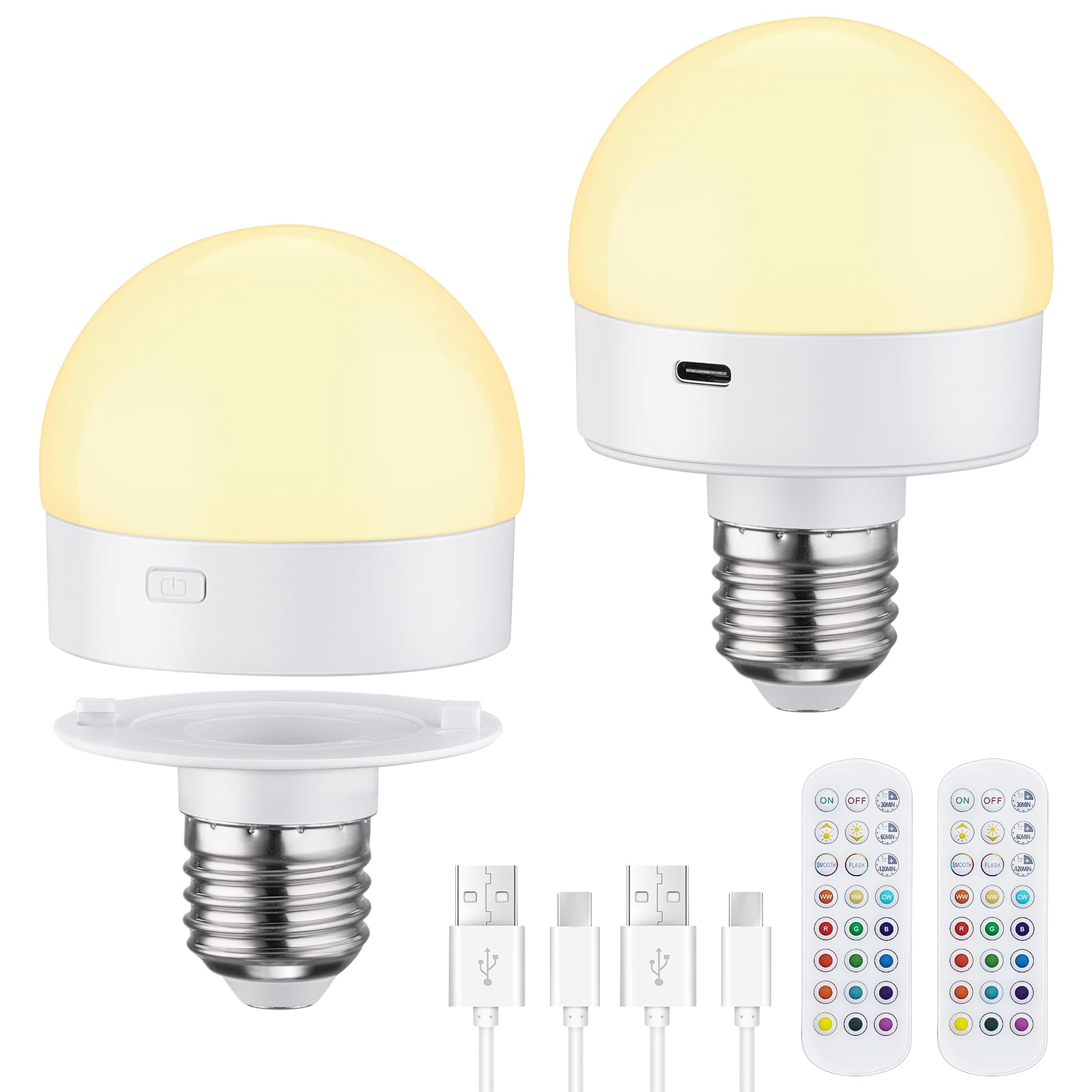 SURAIELEC Rechargeable Light Bulbs, Remote Control Battery Light Bulb with Timer, Dimmable, 3 Color Temperatures, E26 Cordless Bulbs for Wall Sconces, Power Outage Night Light, 2 Pack