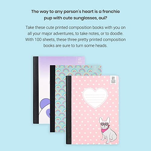 Yoobi Composition Notebook Set - 3 Pack of Composition Notebooks, 100 Sheets Each, Kids Notebooks College Ruled - Rainbow, Frenchie Polka Dot, Pando Unicorn Notebooks - 7.5" x 9.75", 3 Pack
