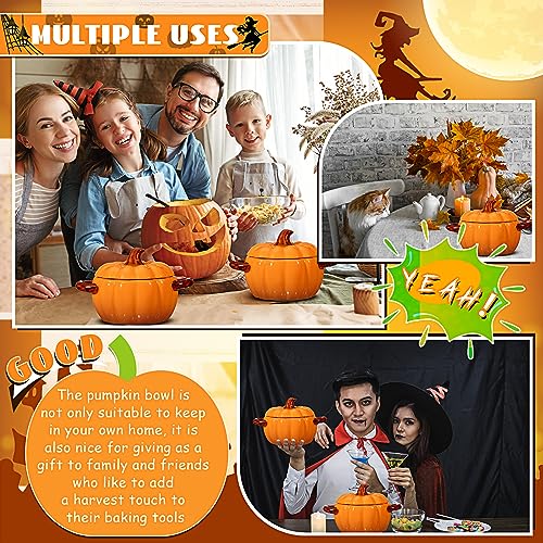 Uiifan 2 Pcs Pumpkin Bowls Ceramic Pumpkin Dish Casserole Cookware 17 oz Pumpkin Pots for Cooking Orange Cute Pumpkin Bowl Safe Oven Pot with Lid Double Ear for Halloween Thanksgiving Baking