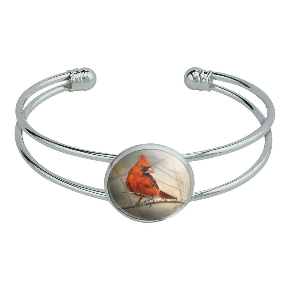 GRAPHICS & MORE Cardinal Red Bird on Tree Branch Novelty Silver Plated Metal Cuff Bangle Bracelet