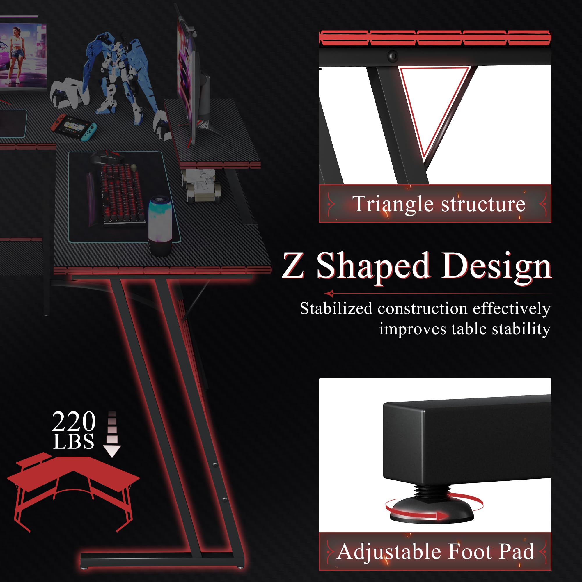 Shahoo L Shaped Gaming Desk, 51 Inch Computer Corner Table with Large Monitor Stand & Carbon Fiber Surface for Home Office Study Writing Workstation, Black, Black1