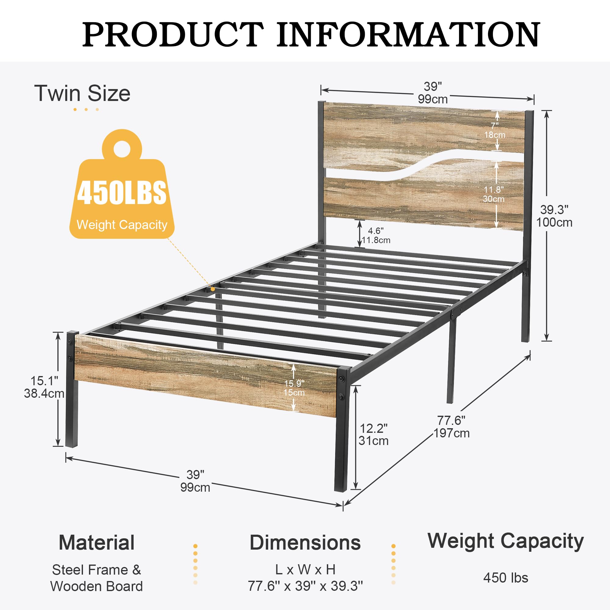 VECELO 2 Set Twin Bed Frame with Wood Storage Headboard & Footboard, Heavy Duty Metal Platform, Large Under Bed Storage, Noise-Free, No Box Spring Needed, Easy Assembly,Retro Black