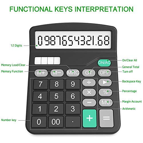 YOUHO Calculator, 12-bit Solar Battery Dual Power Standard Function Electronic Calculator with Large LCD Display Office Calculator Black(NO Battery) (KK-837B, 1PACK)