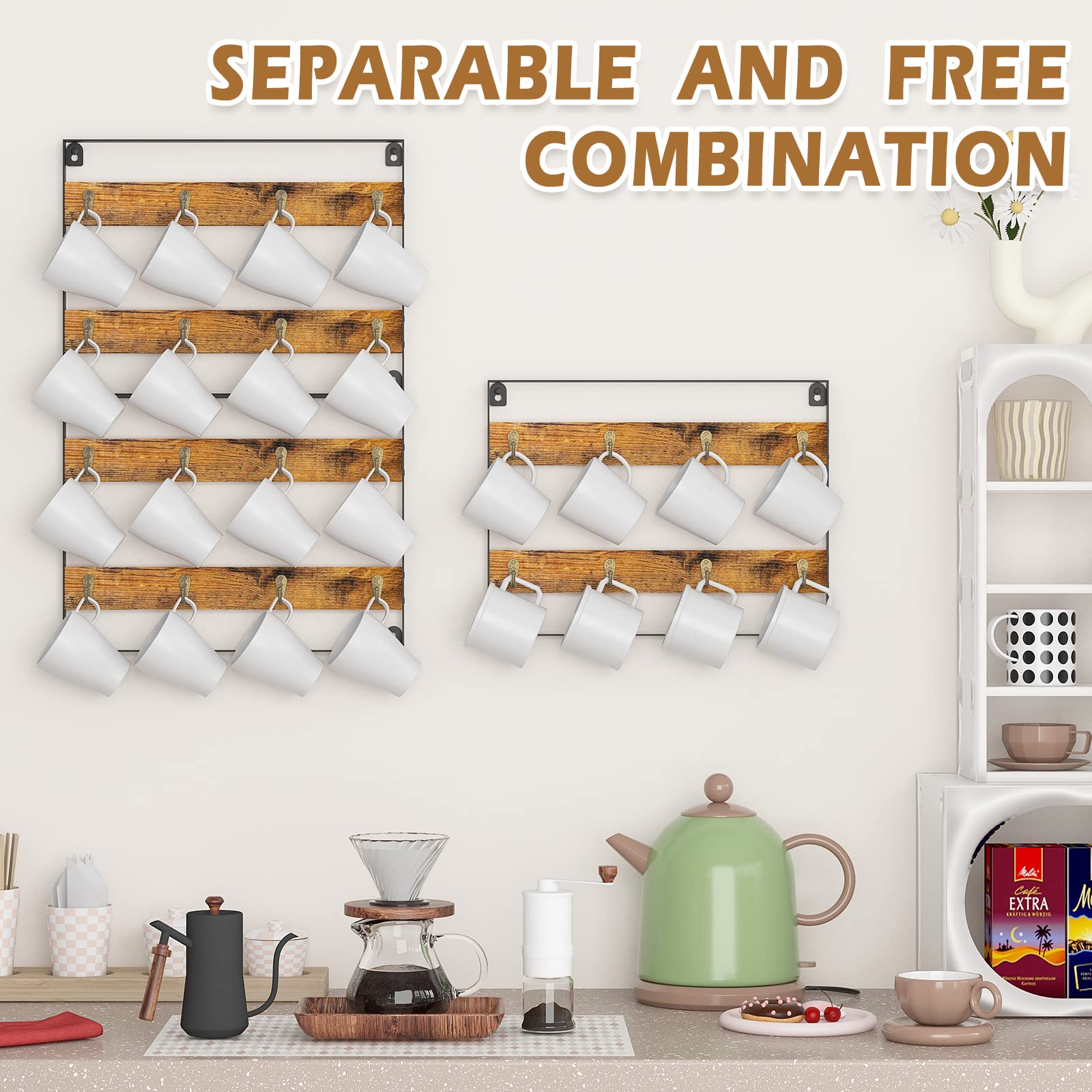 Huxitocan Mug Racks for Wall, Coffee Mug Holder Wall Mount Up to Hold 24 Mugs, Coffee Mug Rack Wall Mounted(3Pack) for Kitchen, Home, Coffee Bar, Rustic Wood and Iron