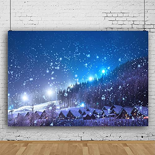 Leowefowa 5X3FT Christmas Backdrop Rustic Village Night View Forest Trees Snowing Shining Lights Blue Sky Winter Xmas Vinyl Photography Background Kids Children Newborn Photo Studio Props