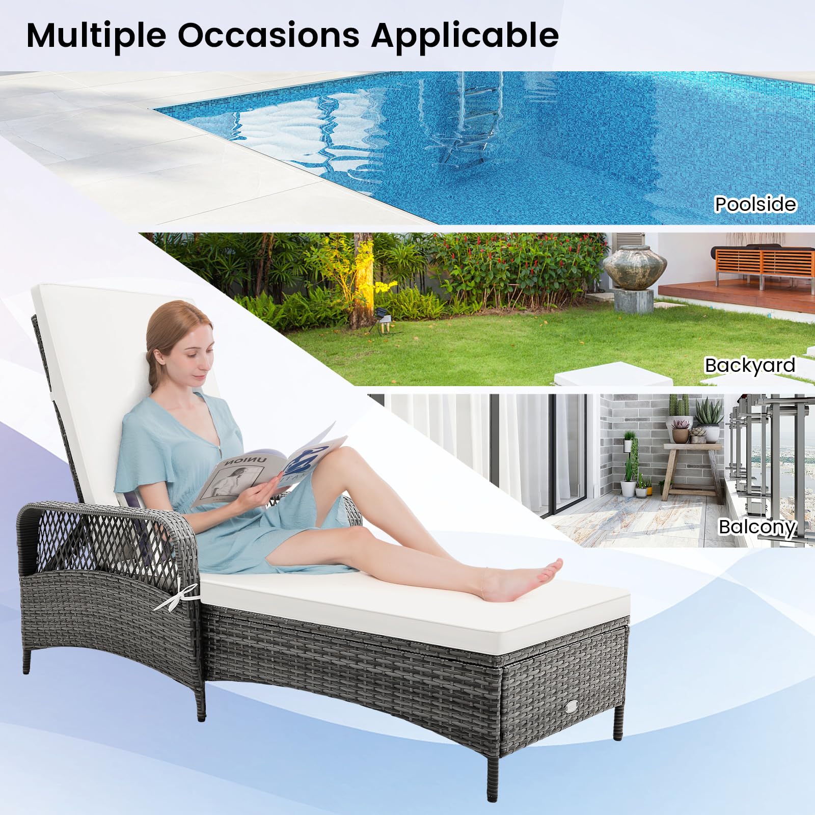 HAPPYGRILL 2PCS Patio Rattan Chaise Lounge, Outdoor PE Wicker Sun Lounger with Adjustable Backrest, Removable Cushion & Pillow, Reclining Chaise Lounge Sunbed for Balcony Poolside Yard