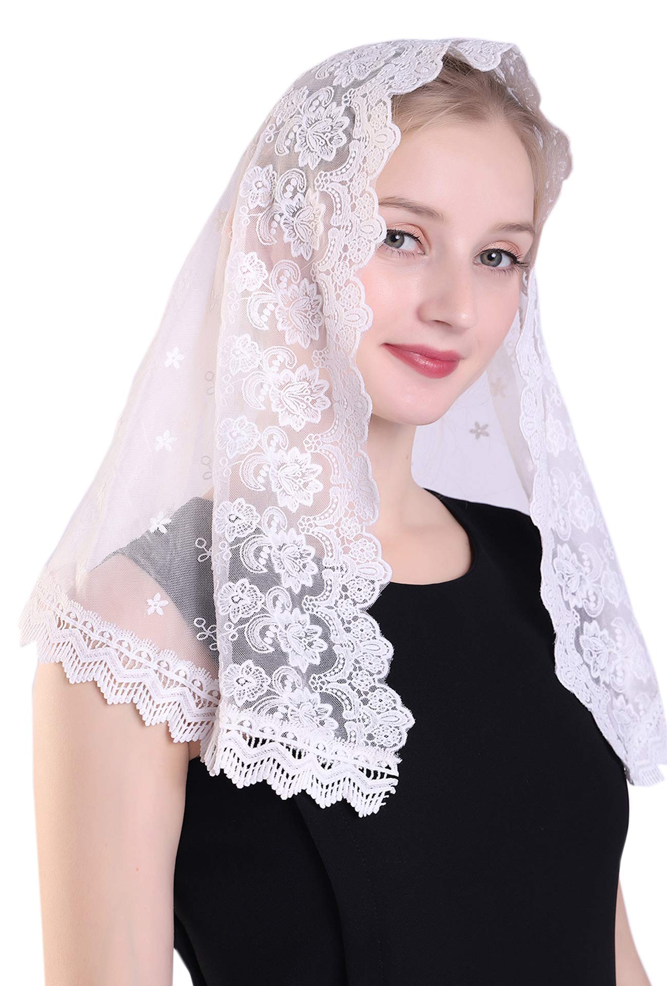Grettytling Chapel Veil Embroidered Lace Mantilla Veil Head Covering Veils for Church,White
