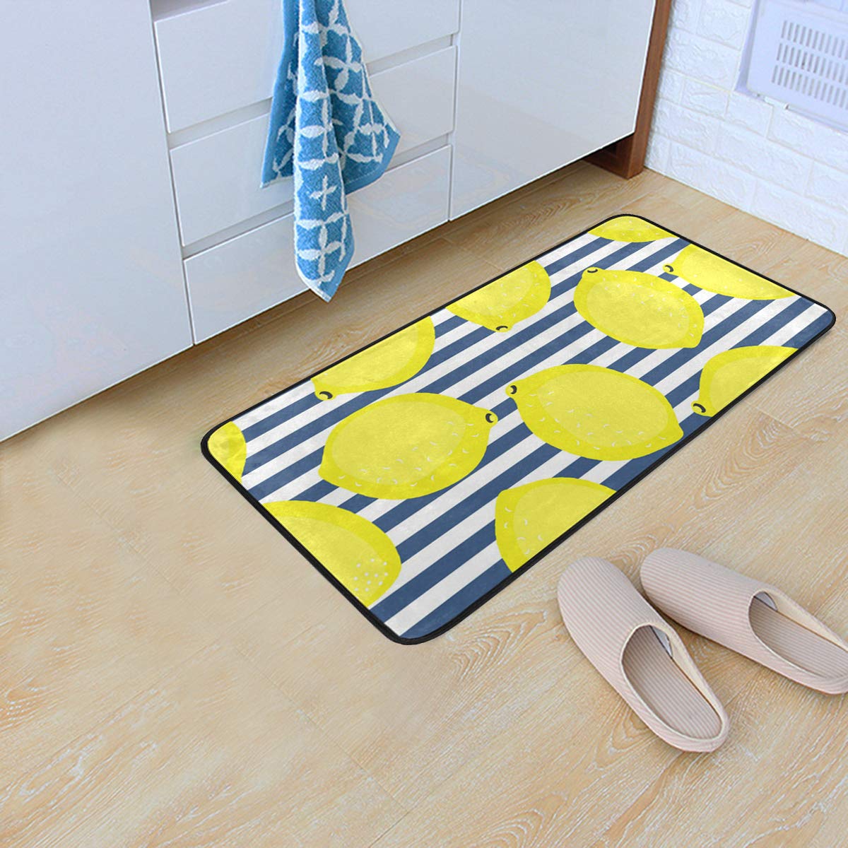 Kitchen Rugs Yellow Lemons with Blue Stripes Design Non-Slip Soft Kitchen Mats Bath Rug Runner Doormats Carpet for Home Decor, 39" X 20"