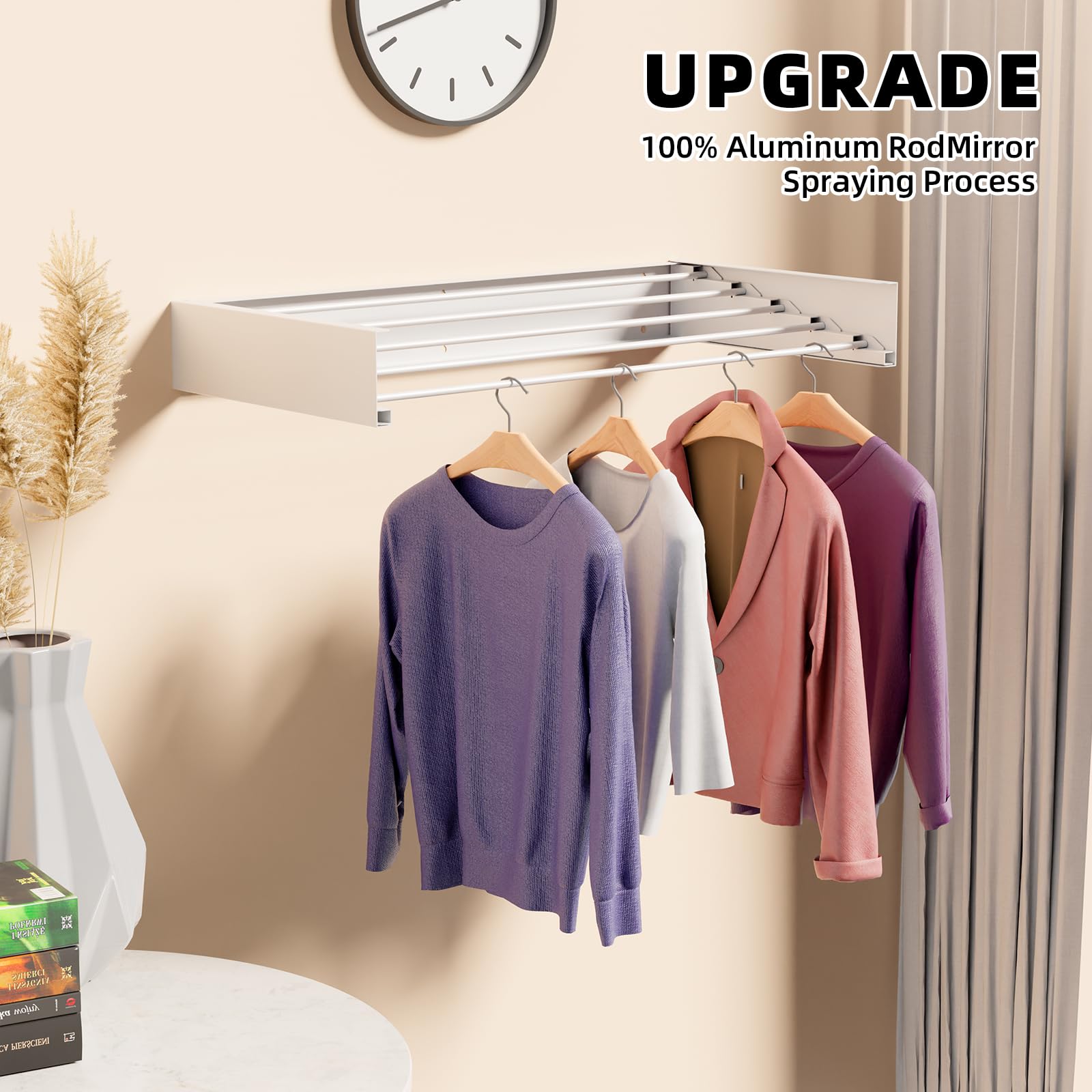 ZMBESUP Laundry Drying Rack Collapsible, Wall Mounted Drying Rack, Clothes Drying Rack, Retractable Wall Drying Rack, 31.5" Wide, 13.2 Linear Ft, 5 Aluminum Rods, 60 lb Capacity (White, 31.5" Wide)